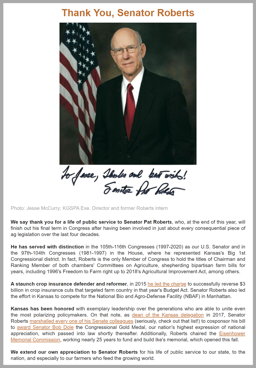 Senator Roberts Tribute | Kansas Grain Sorghum